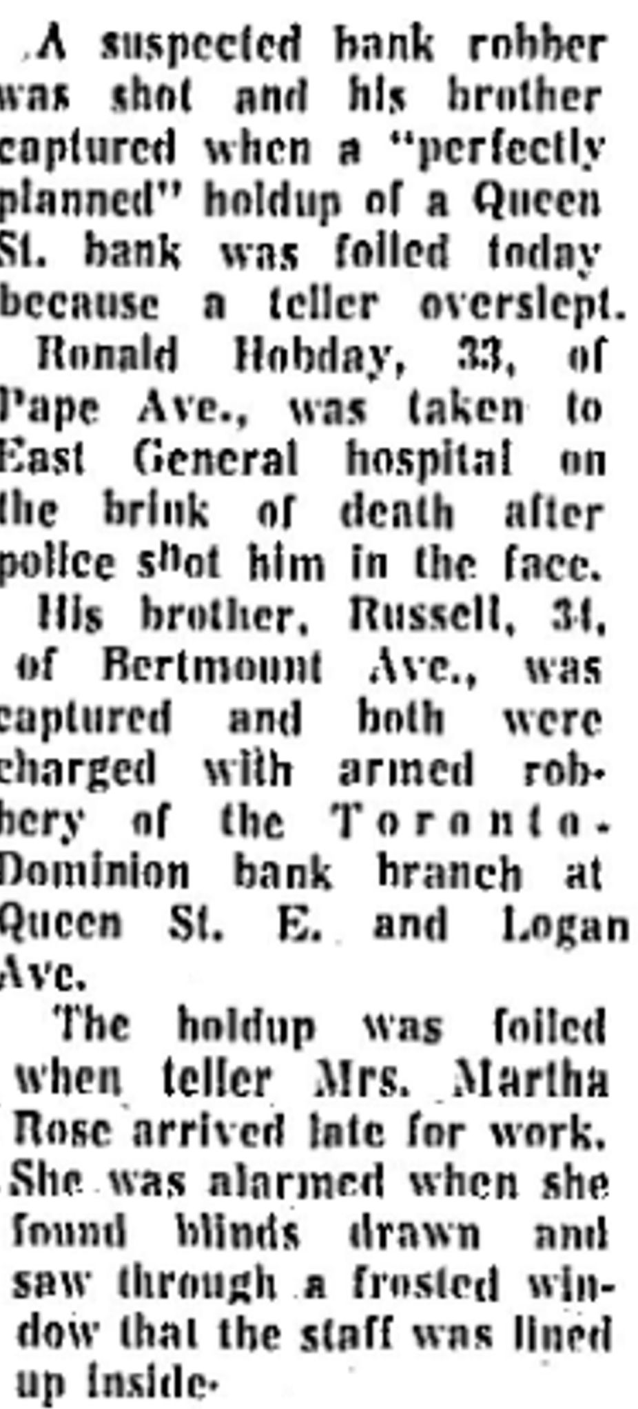 TD Bank Robbery, Queen & Logan, Toronto Star, August 14, 1964 ...