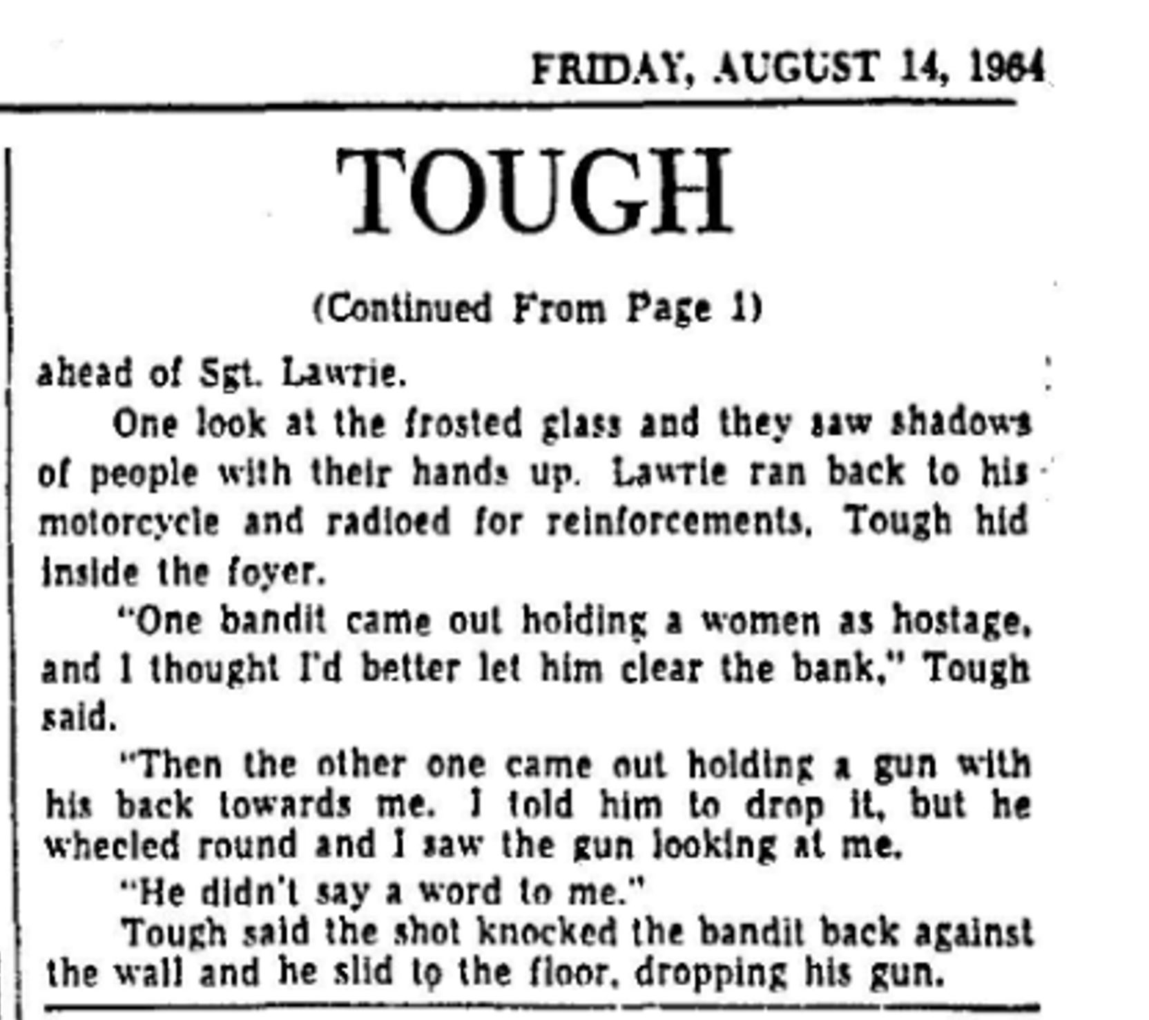 TD Bank Robbery, Queen & Logan, Toronto Star, August 14, 1964 ...