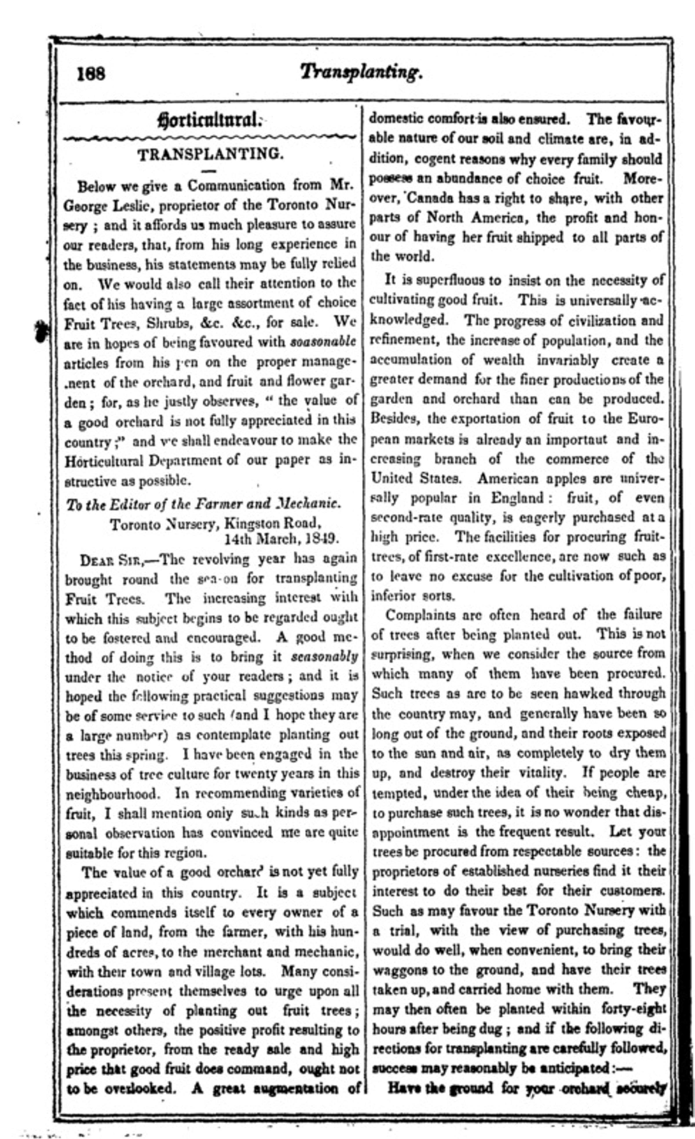 Transplanting, George Leslie, The Farmer and Mechanic, Vol 1, no 7 ...